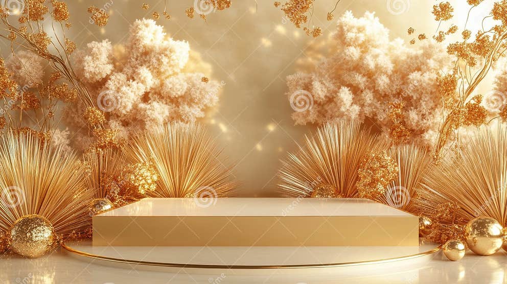 Opulent Golden Display Stand Surrounded by Luxurious Golden Foliage and ...