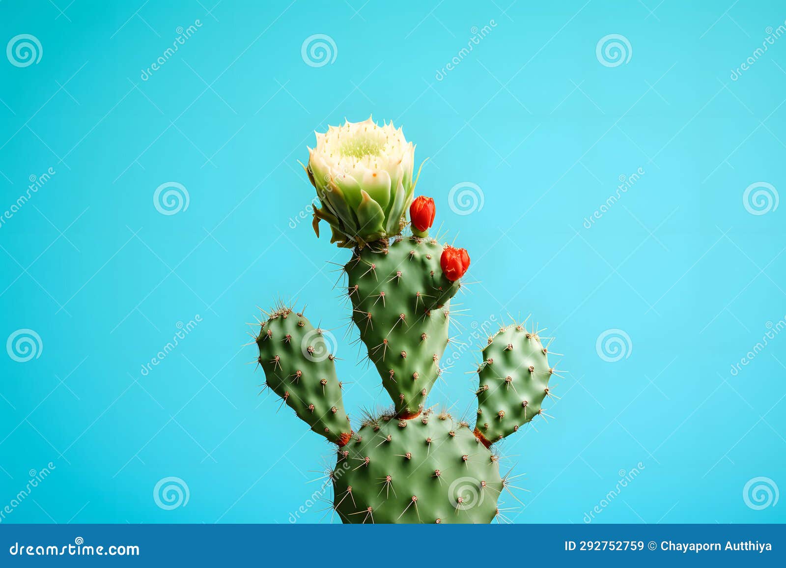 Opuntia Cactus on Blue Background. AI Genereted Stock Image - Image of ...