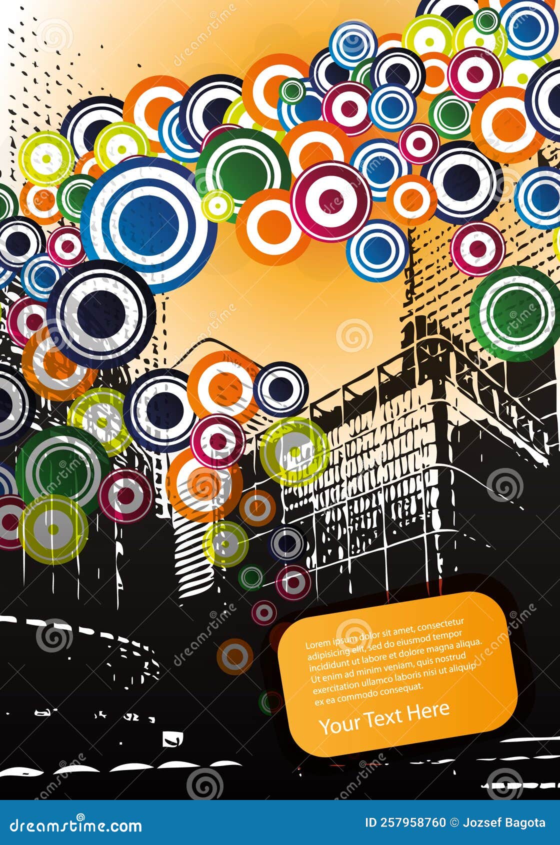 Orange Abstract City Buildings Background with Rainbow Circles Design ...