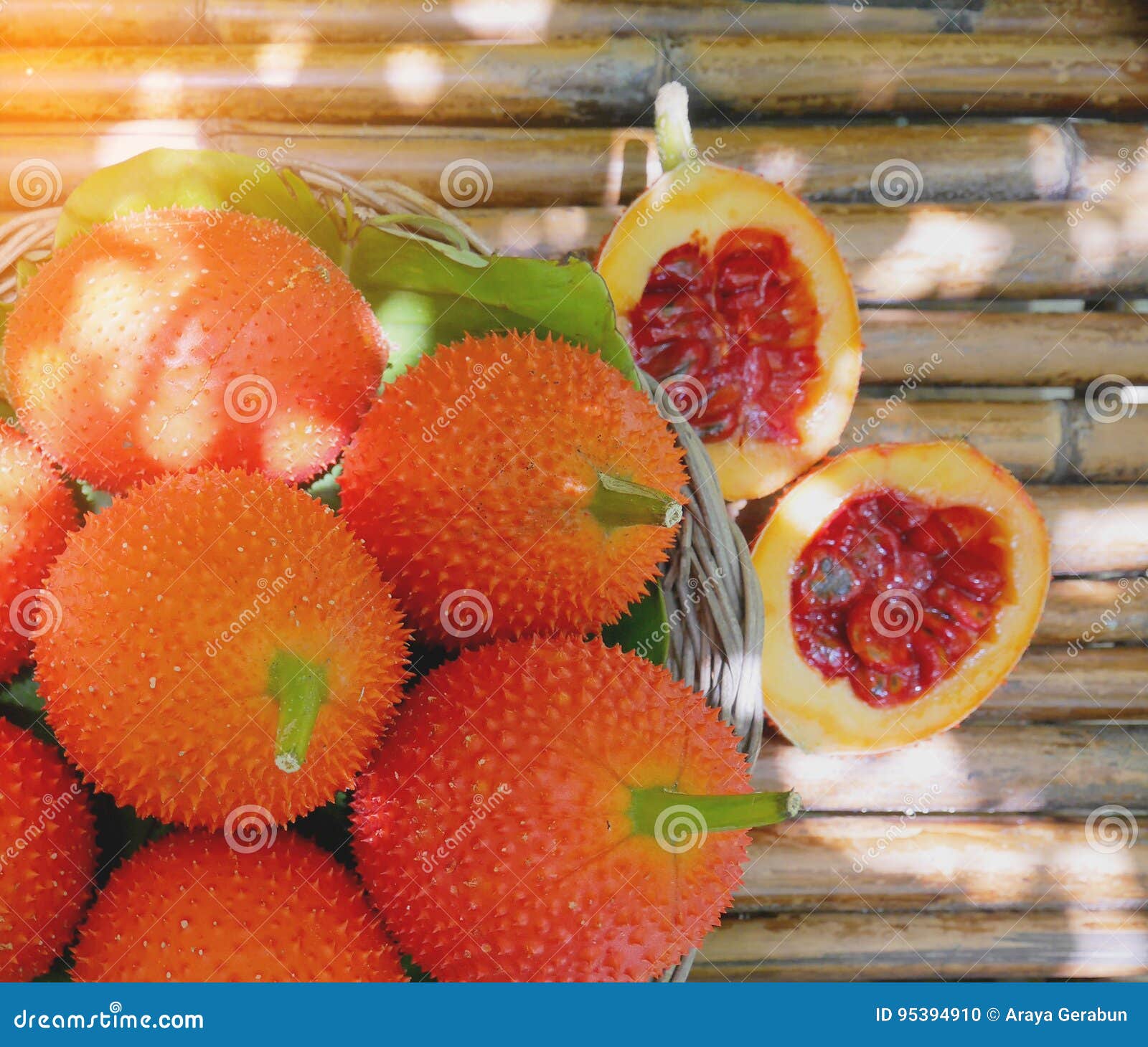 Orange Baby Jackfruit in a Basket Stock Photo - Image of momordica ...