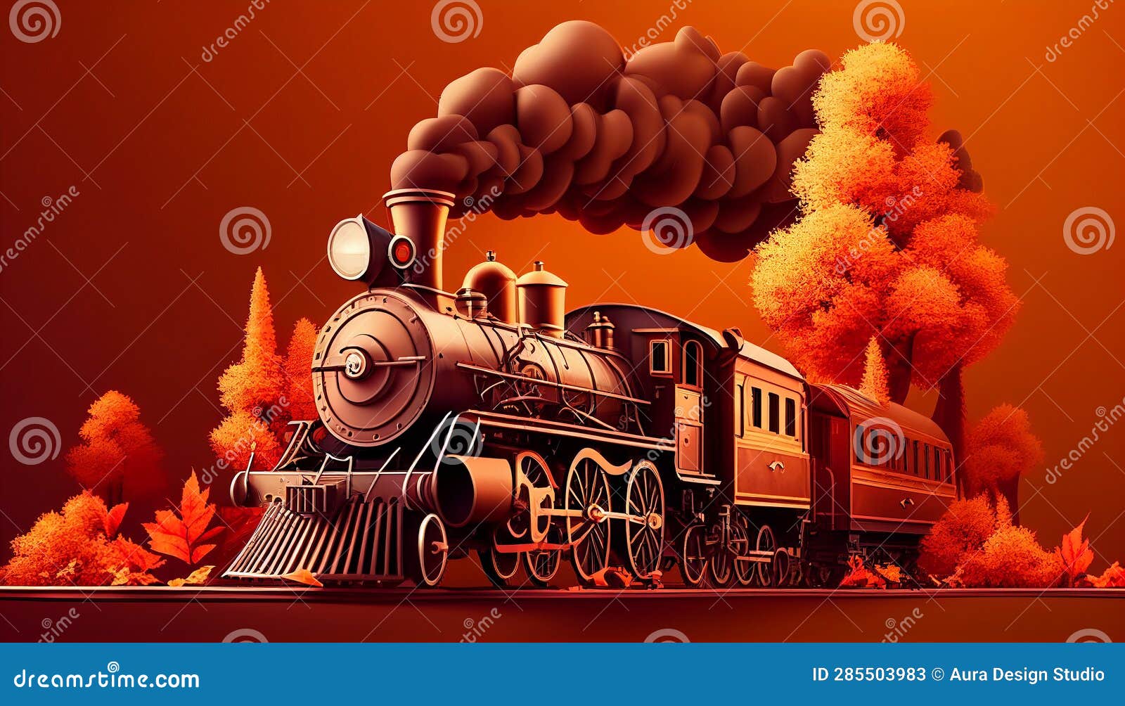 Orange Background with Steam Train in the Autumn Illustration ...
