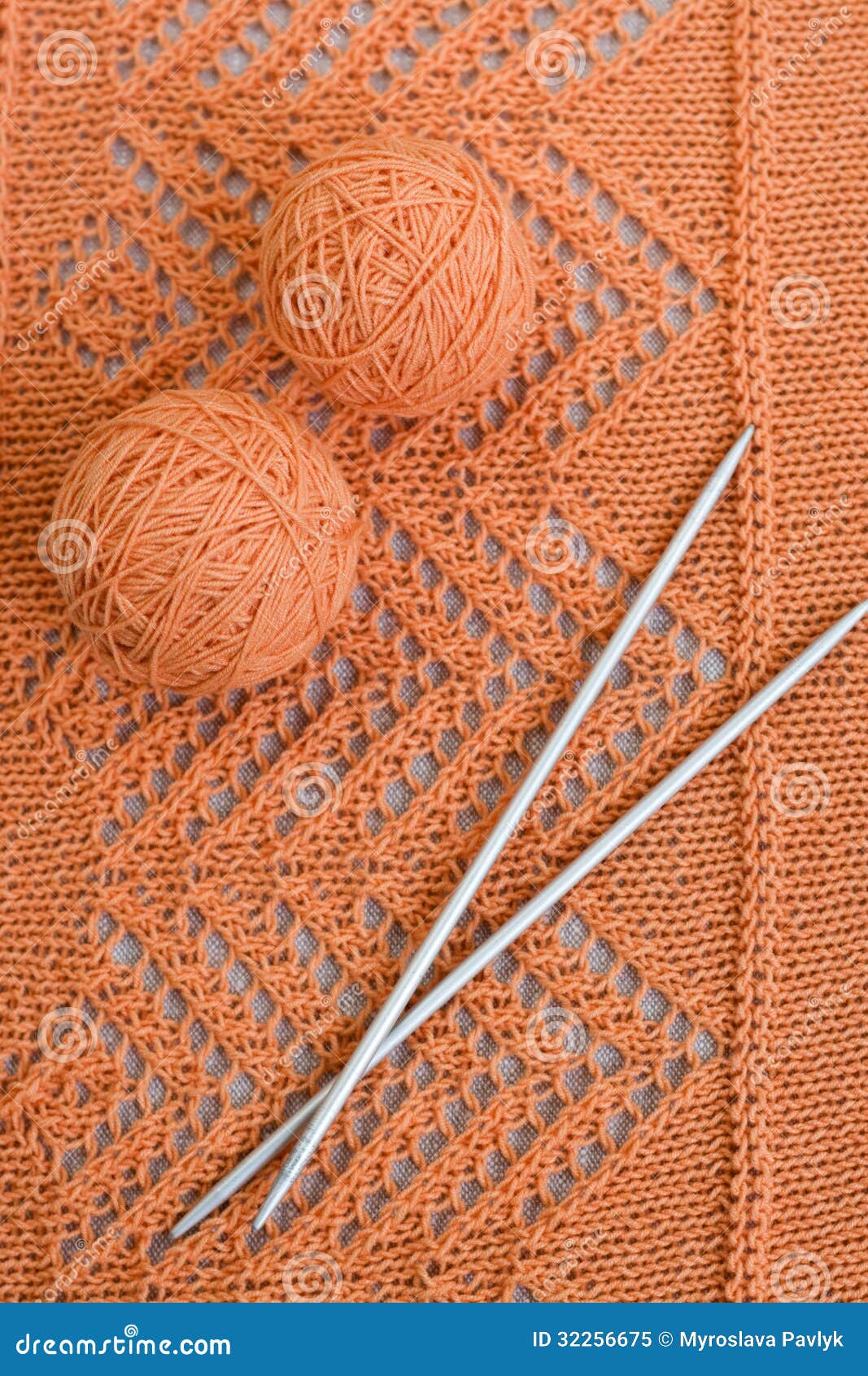 Orange Balls, Knitted Pattern and Needles Stock Image - Image of coils ...