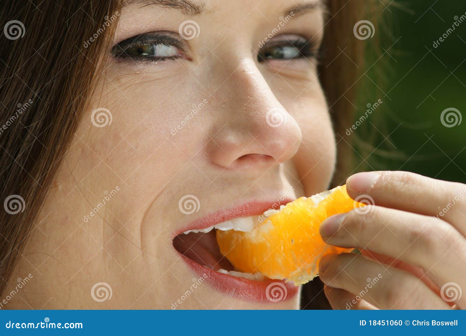 Orange Slice Bite Close Up Female Portrait Stock Photo - Image of fruit ...