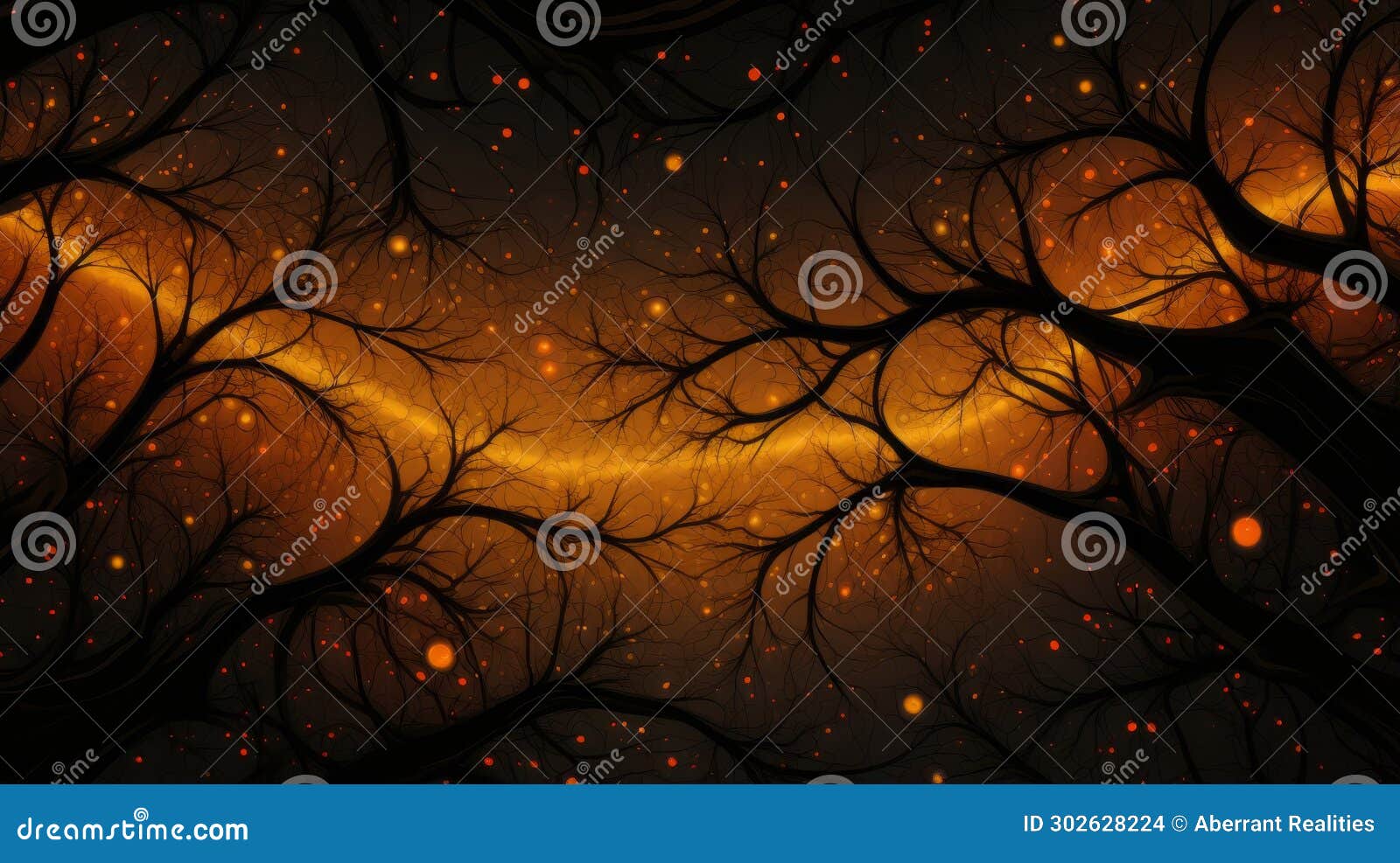 An Orange and Black Background with Trees and Fireflies Stock ...