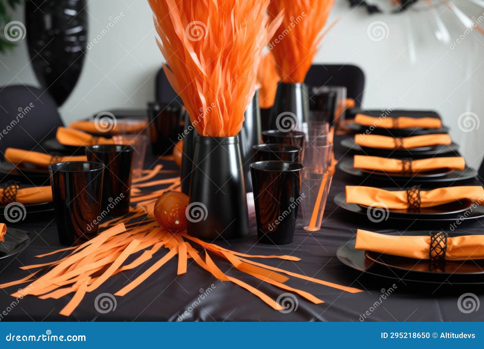 Orange and Black Streamers on a Party Table Stock Photo - Image of ...