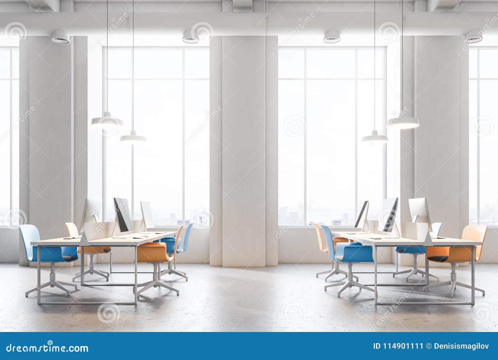 Orange and Blue Chairs Office Interior Side View Stock Image - Image of ...