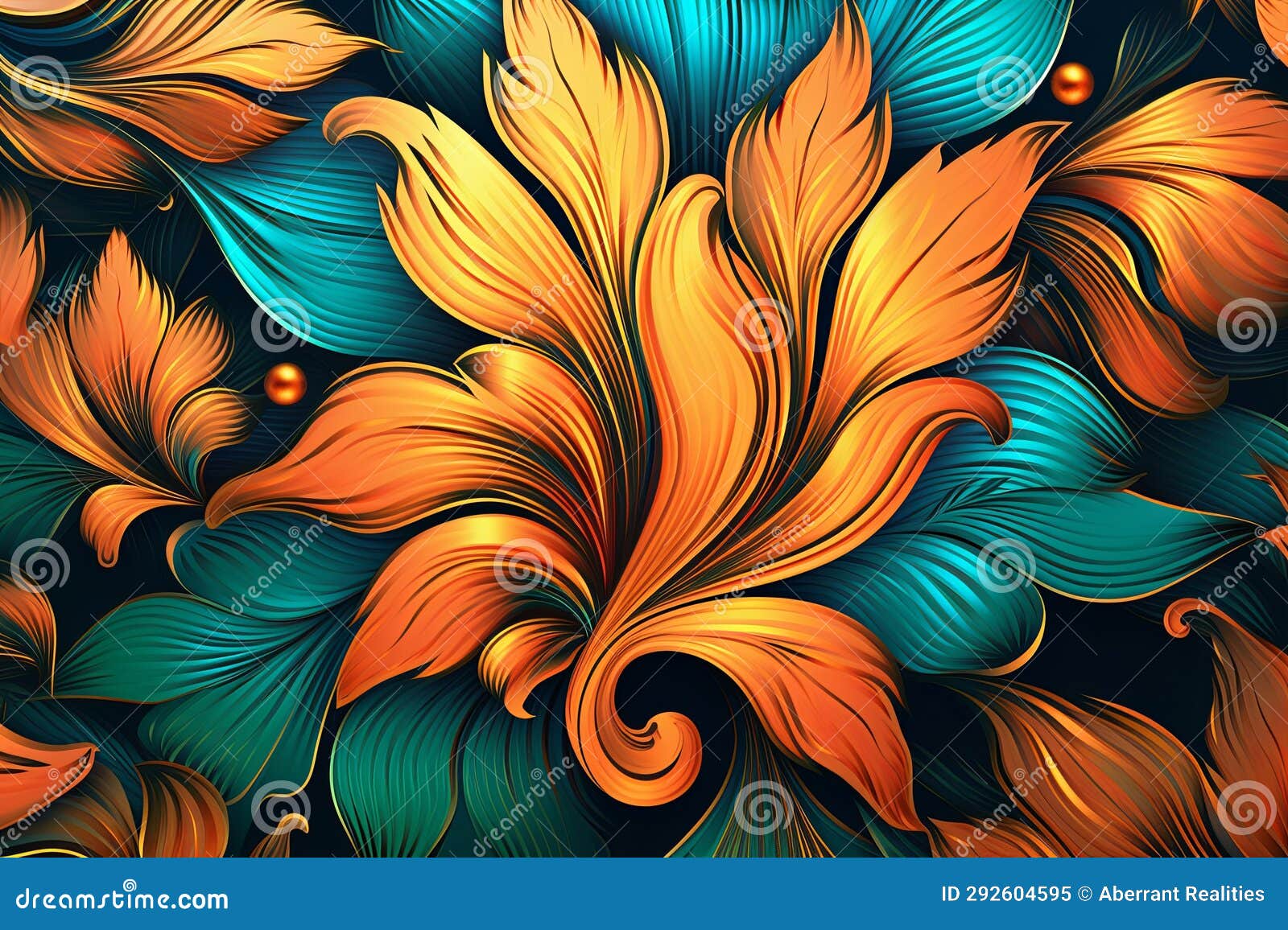An Orange and Blue Floral Pattern on a Black Background Stock ...