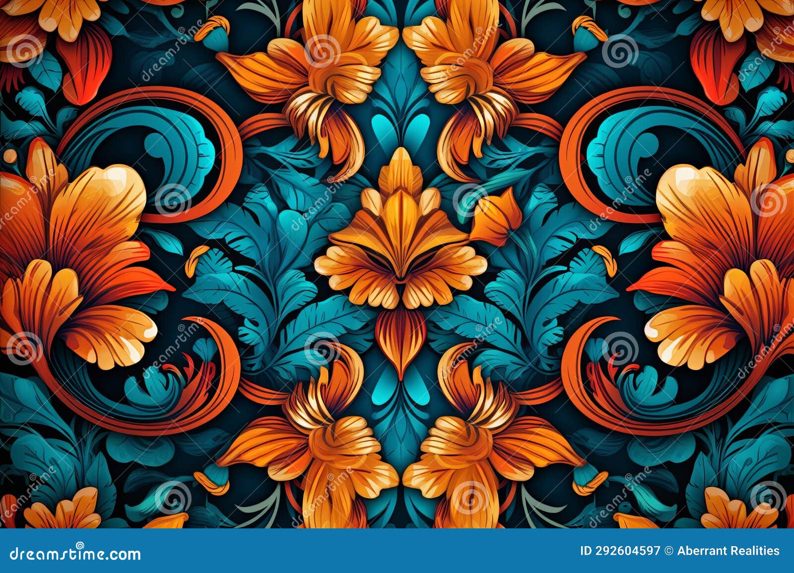 An Orange and Blue Floral Pattern on a Black Background Stock ...