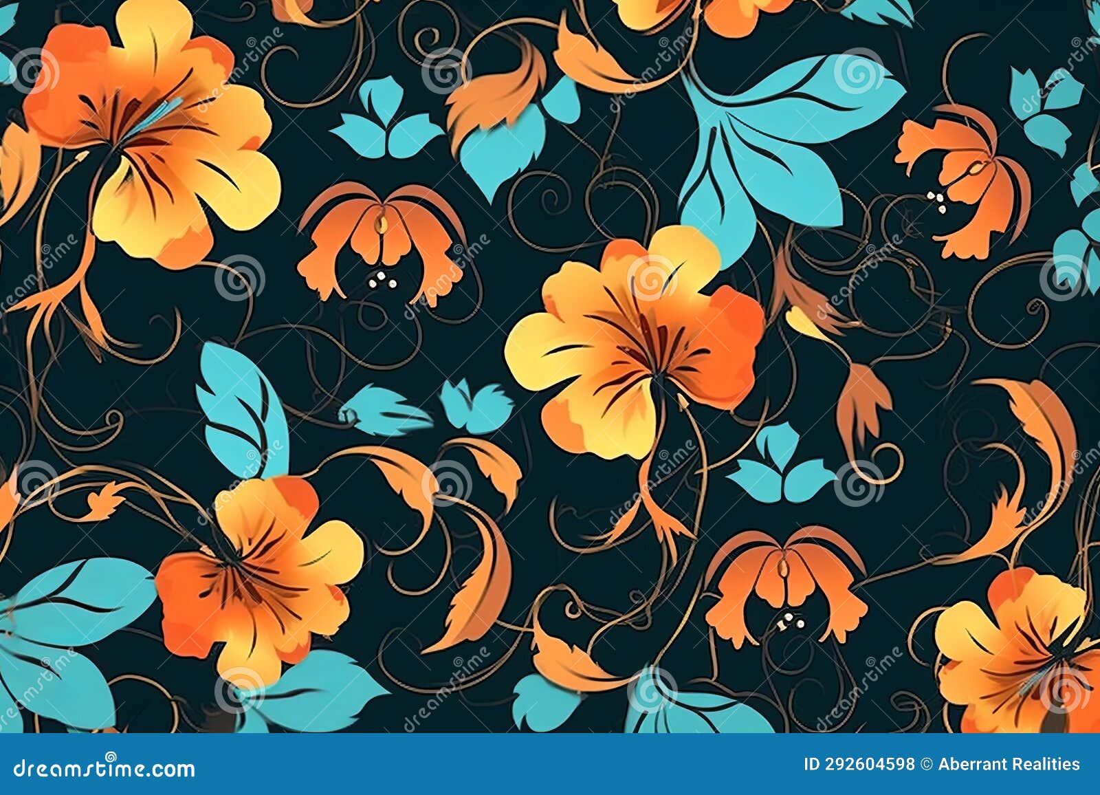 An Orange and Blue Floral Pattern on a Black Background Stock ...