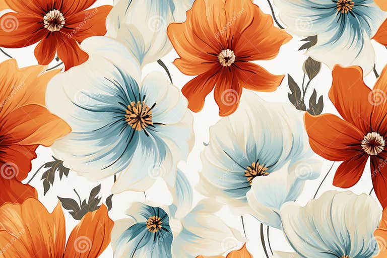 An Orange and Blue Floral Pattern on a White Background Stock ...