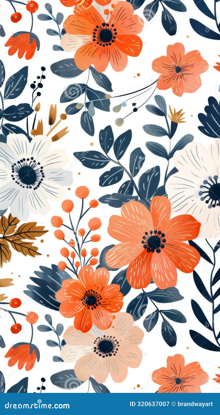 Orange and Blue Flower Pattern on White Background Stock Illustration ...
