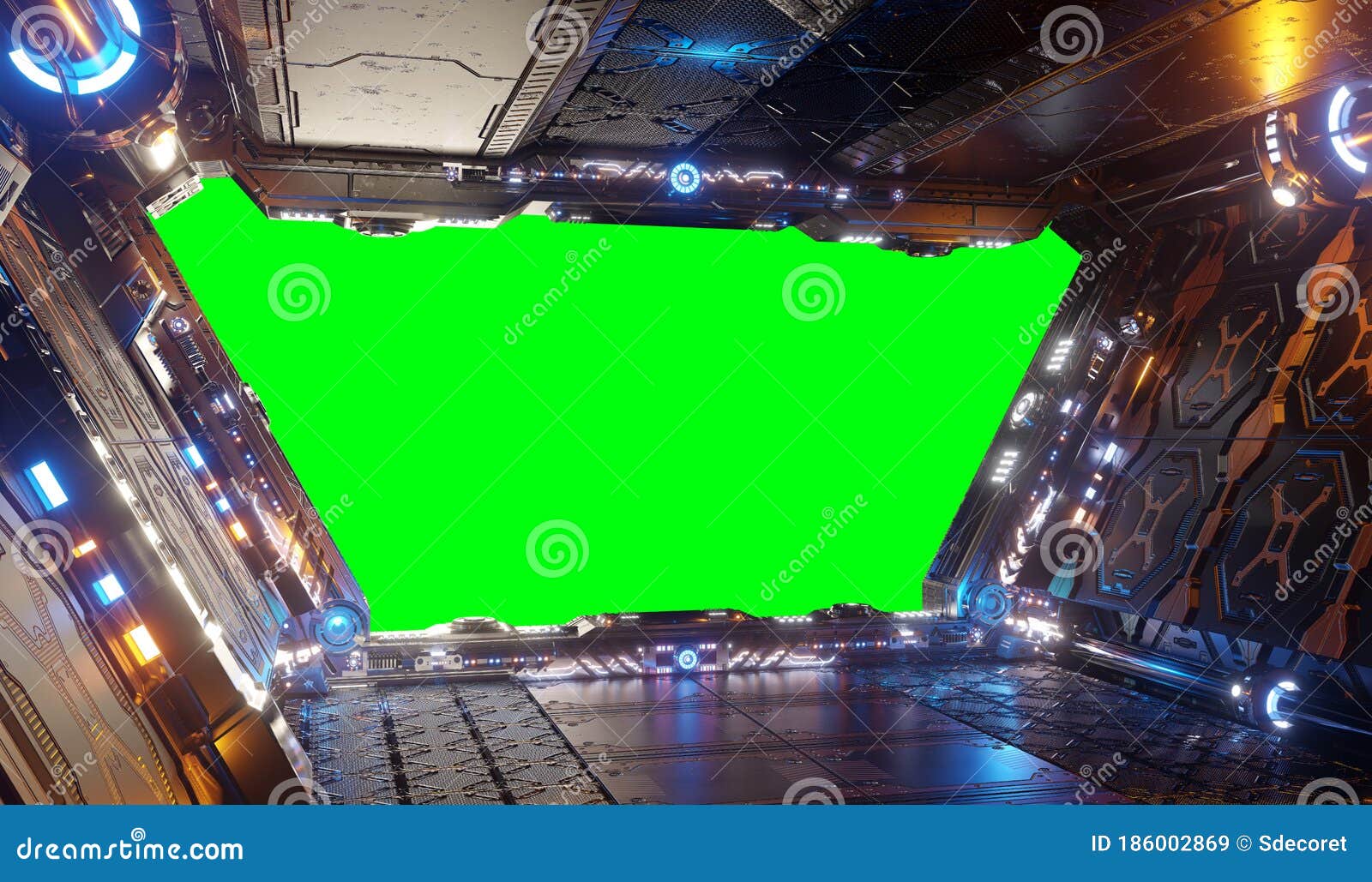 Orange and Blue Futuristic Spaceship Interior with Green Window 3d ...
