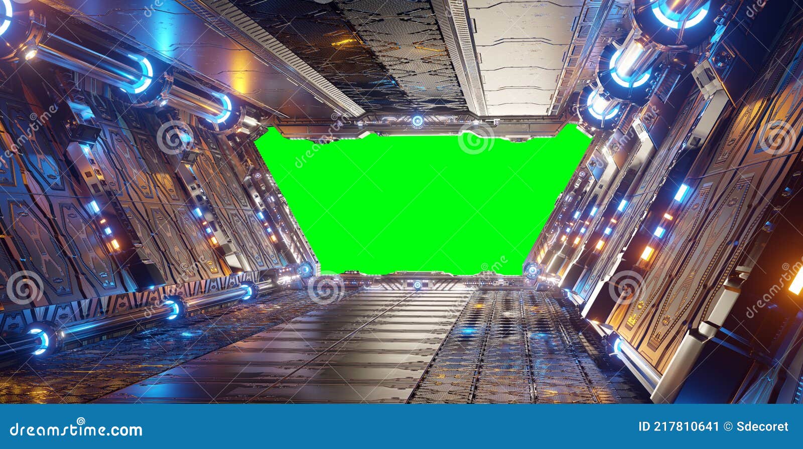 Orange and Blue Futuristic Spaceship Interior with Green Window 3d ...