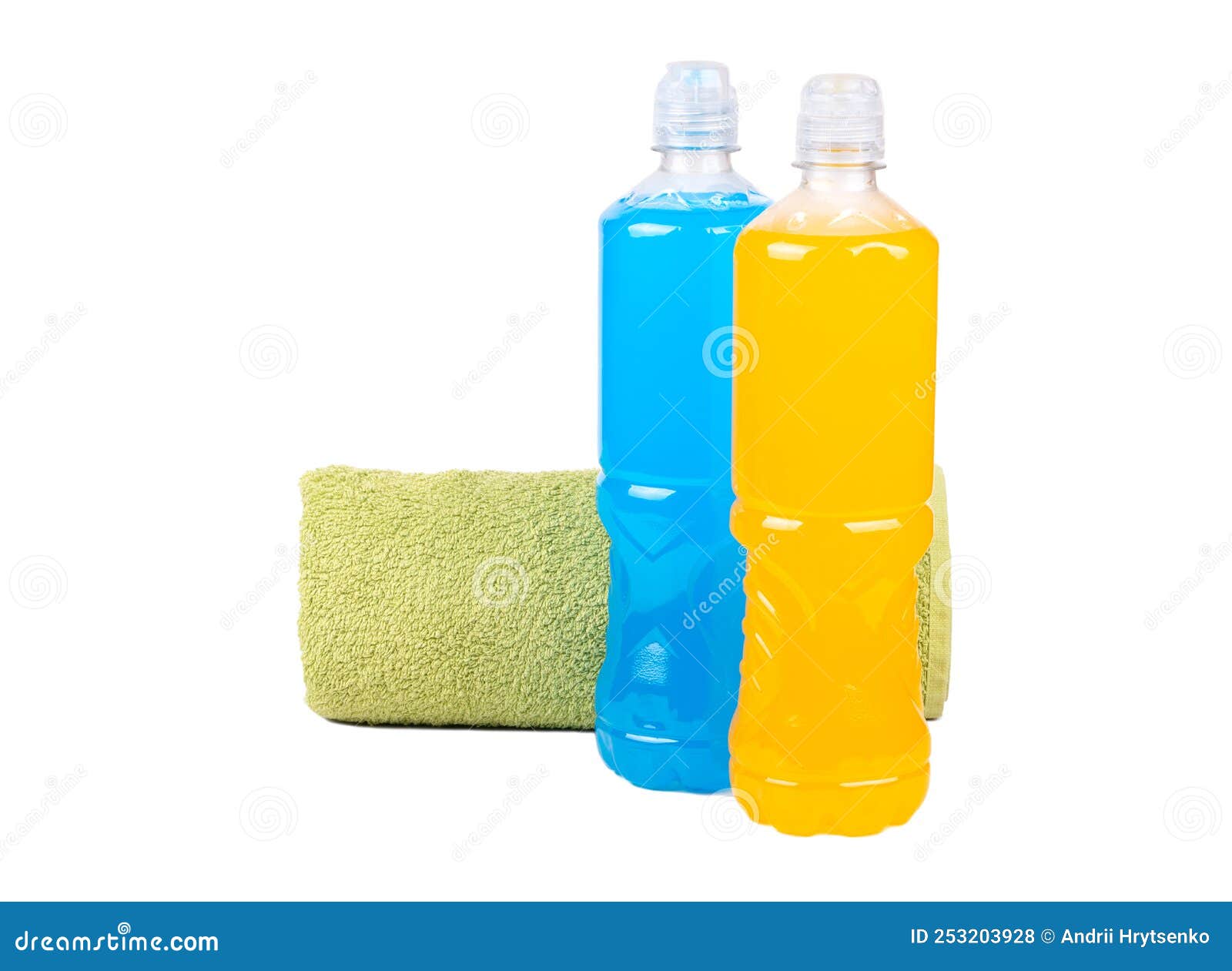 Orange and Blue Isotonic Drinks in a Bottle for Sports with a Towel ... Orange and Blue Isotonic Drinks in a Bottle for Sports with a Towel ...