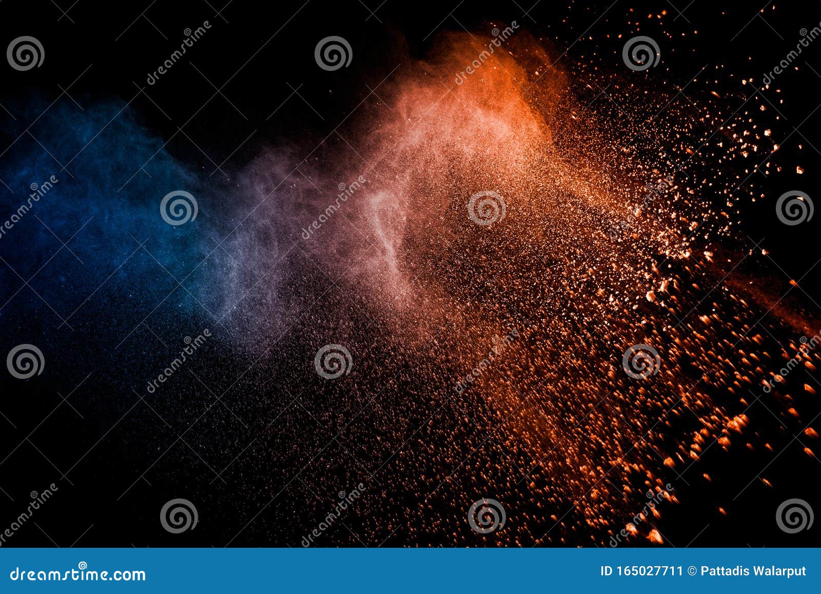 Orange Blue Powder Explosion on Black Background.Orange Blue Color Dust ...