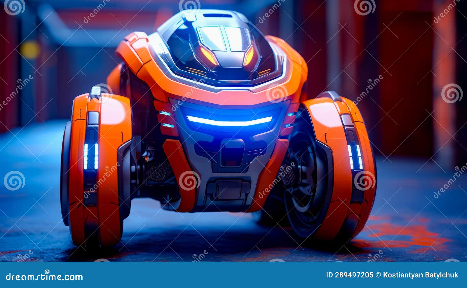 Orange and Blue Vehicle with Wheels and Lights on it S Sides ...