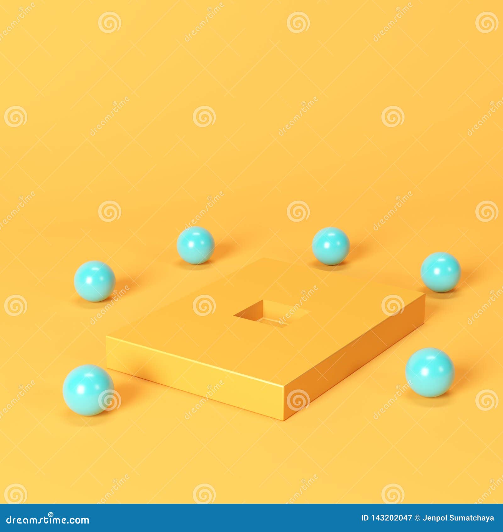 Orange Box with Sqaure Hole Surrounded by Blue Spheres on Orange ...