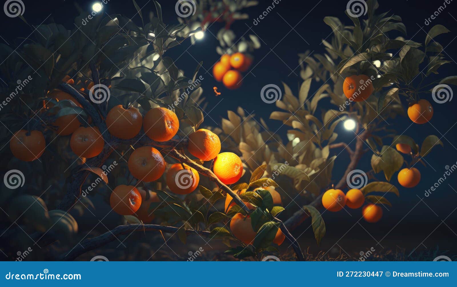 Orange Branches with Oranges at Night with Full Moon on the Background ...