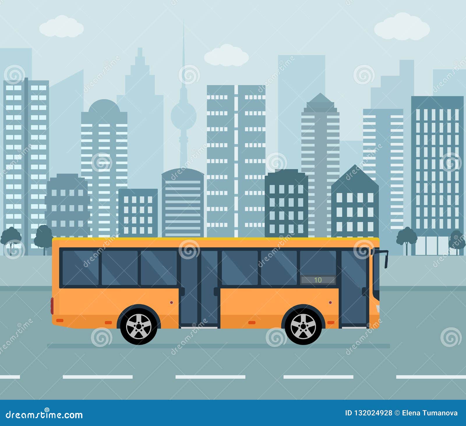 Orange Bus on City Background. Stock Vector - Illustration of high ...