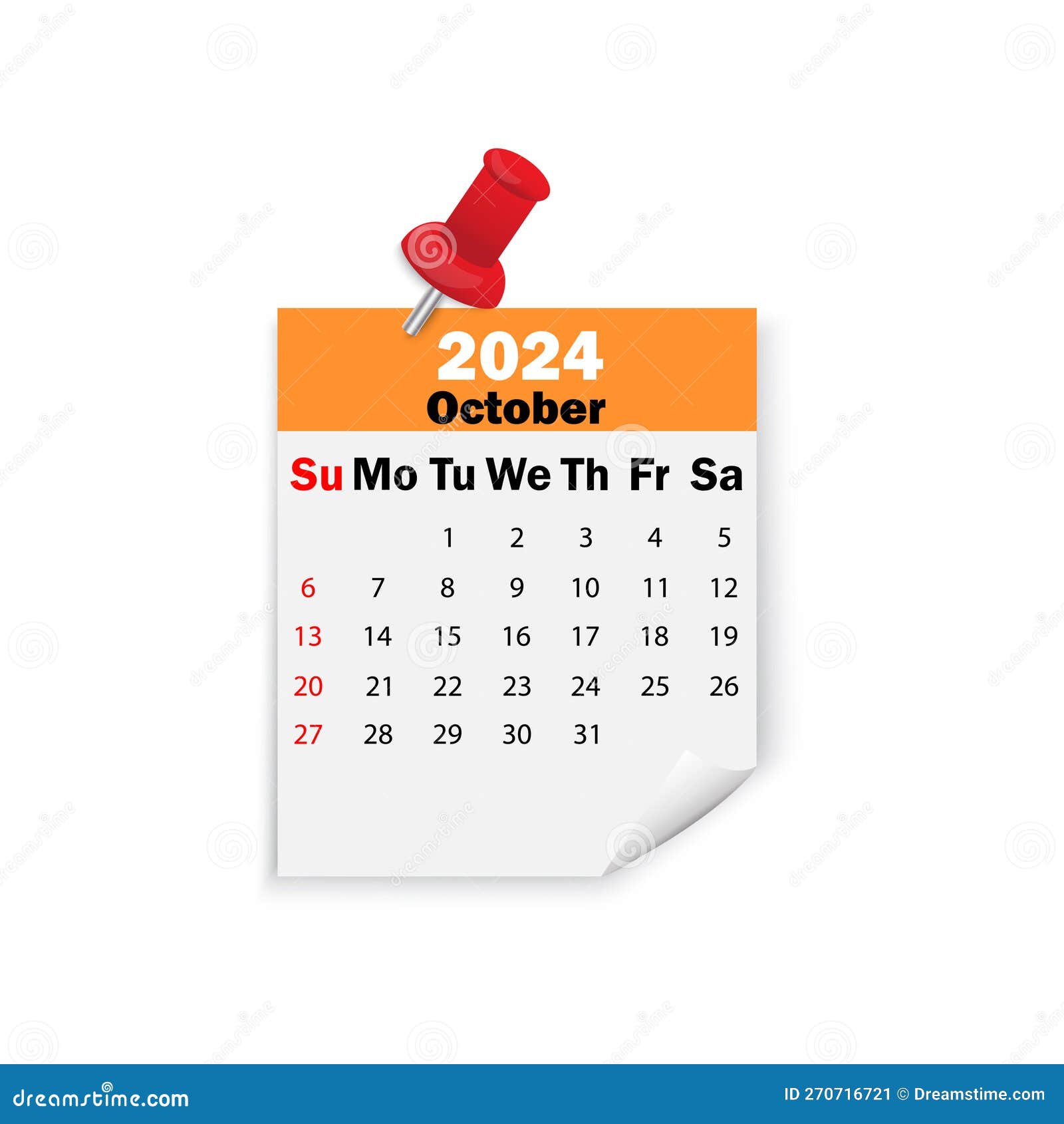 Orange Calendar 2024 October on Pin. Vector Illustration Stock Vector ...