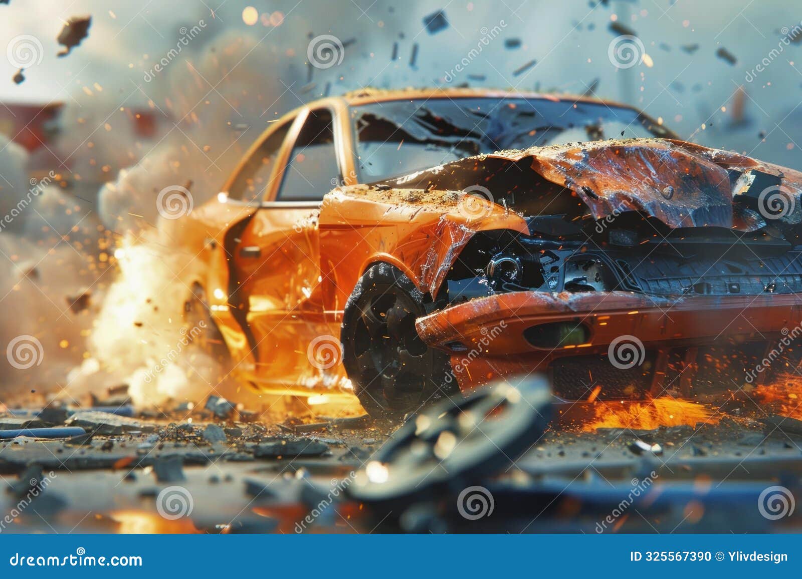 Orange Car Exploding while Driving on Asphalt Road Stock Photo - Image ...