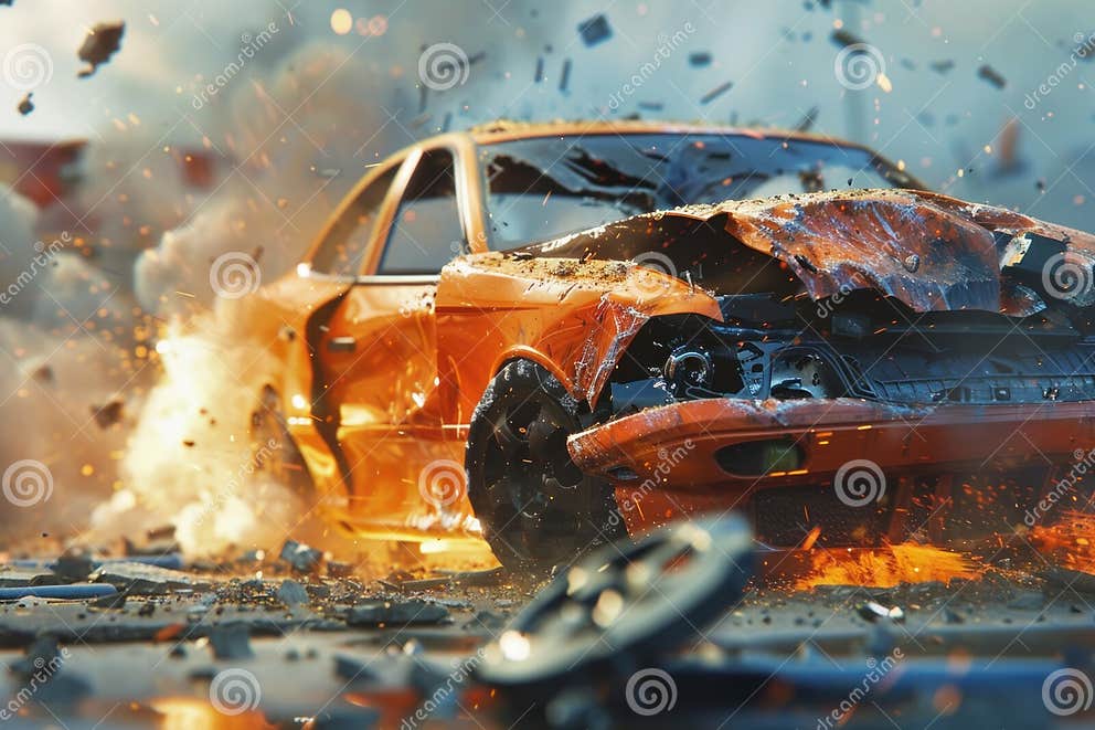 Orange Car Exploding while Driving on Asphalt Road Stock Photo - Image ...