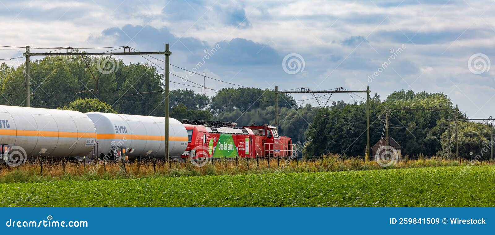Orange Cargo Train Riding Near the Rice Plantation Editorial Stock ...