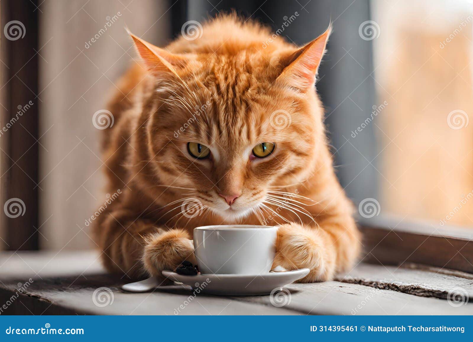 Orange cat drinking coffee stock illustration. Illustration of tour ...