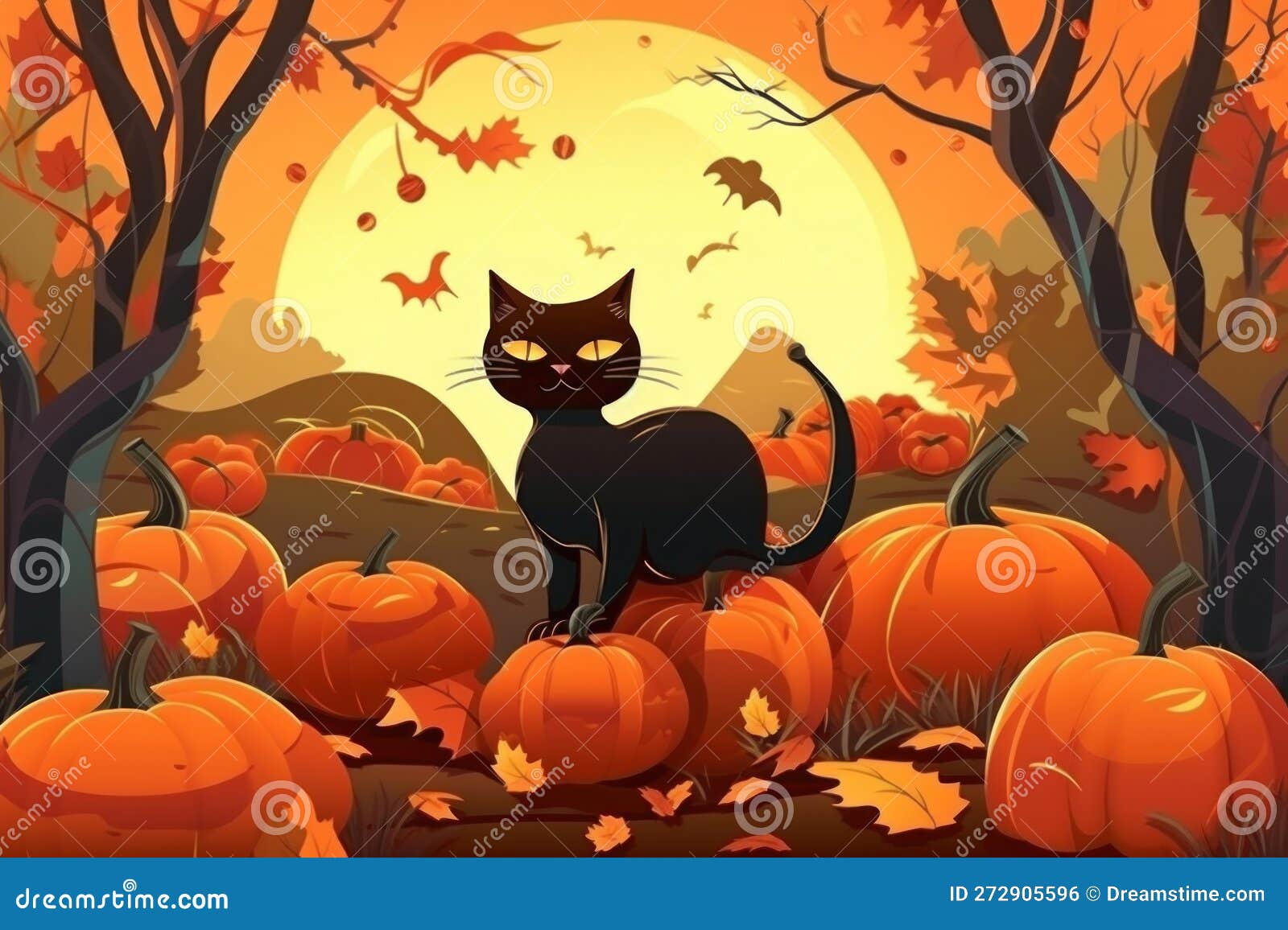 Orange Cat in Pumpkin Patch Stock Illustration - Illustration of rustic ...