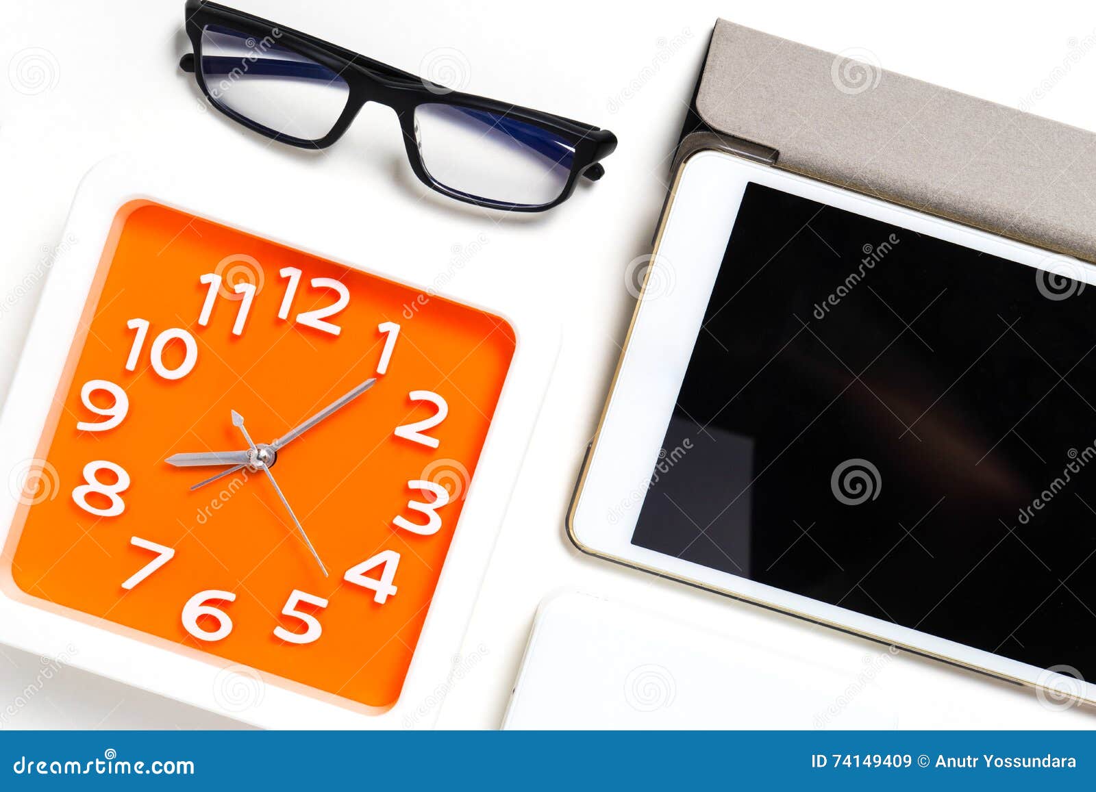 Orange Clock Glasses and Tablet Blank Screen Stock Image - Image of ...