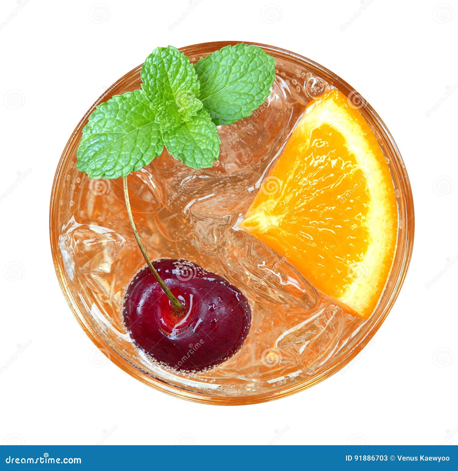 Orange Cocktail with Cherry and Mint Top View Isolated on White Stock ...