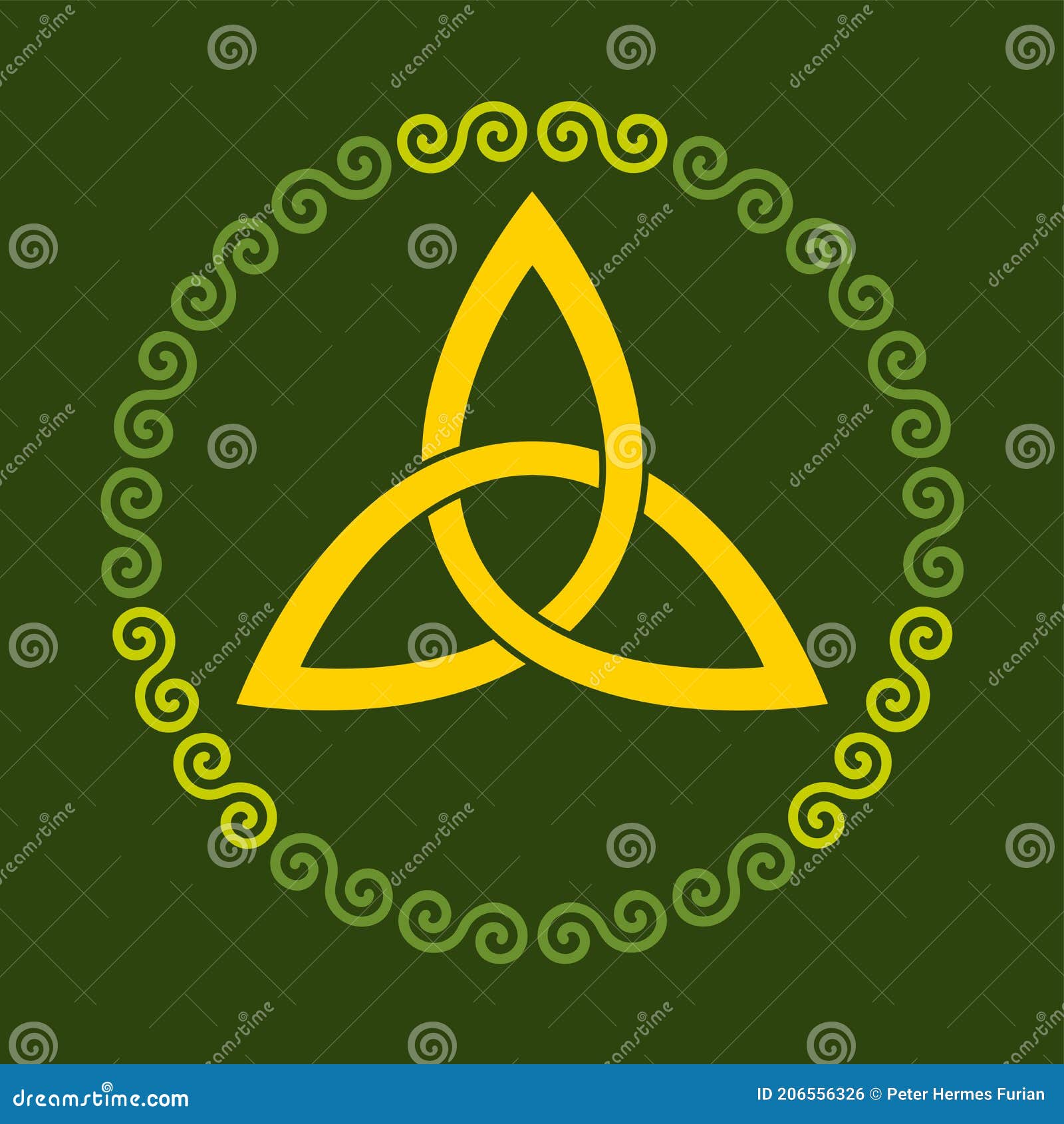 Orange Celtic Triangle Knot in Double Spiral Circle Frame Over Green ...
