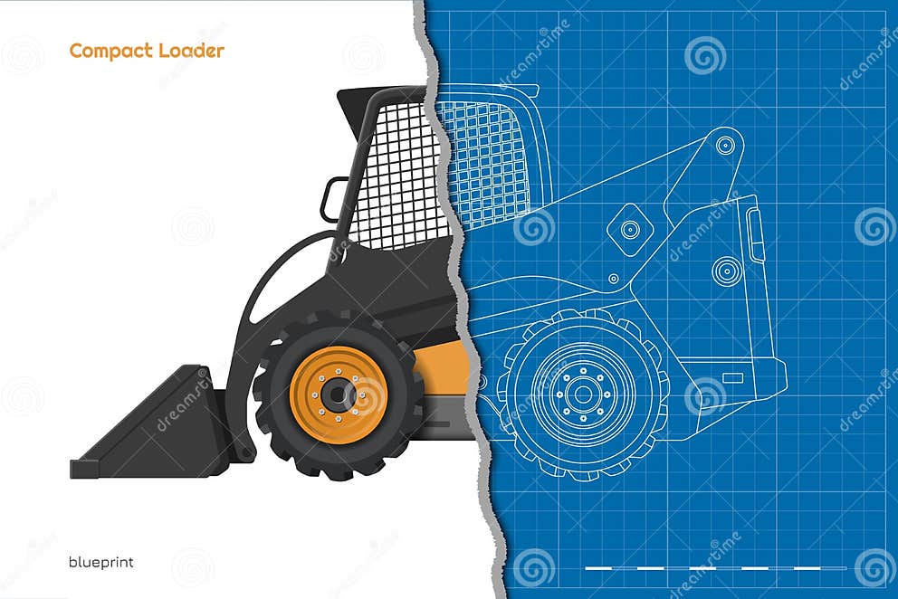 Orange Compact Loader. Outline Side View. Isolated Drawing of Mini ...