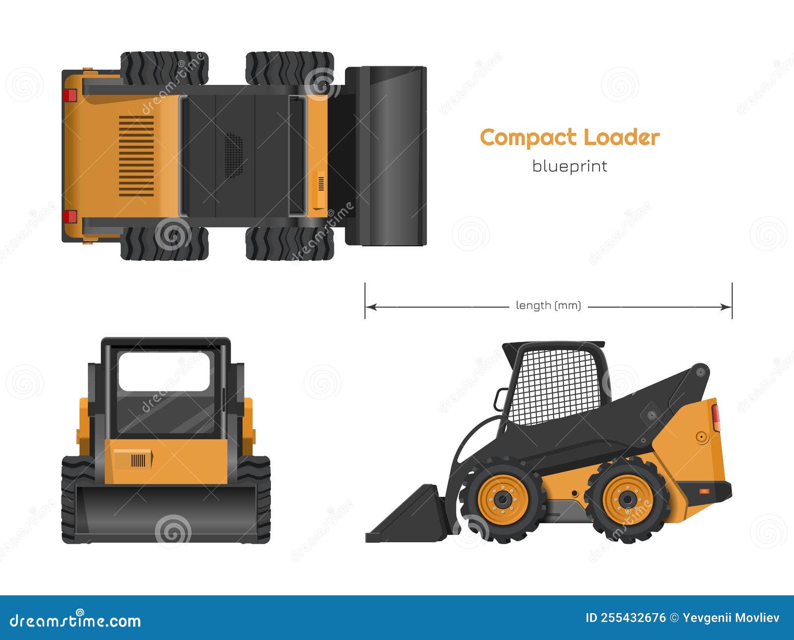 Orange Compact Loader. Side, Front Amd Top View. Isolated Drawing of ...