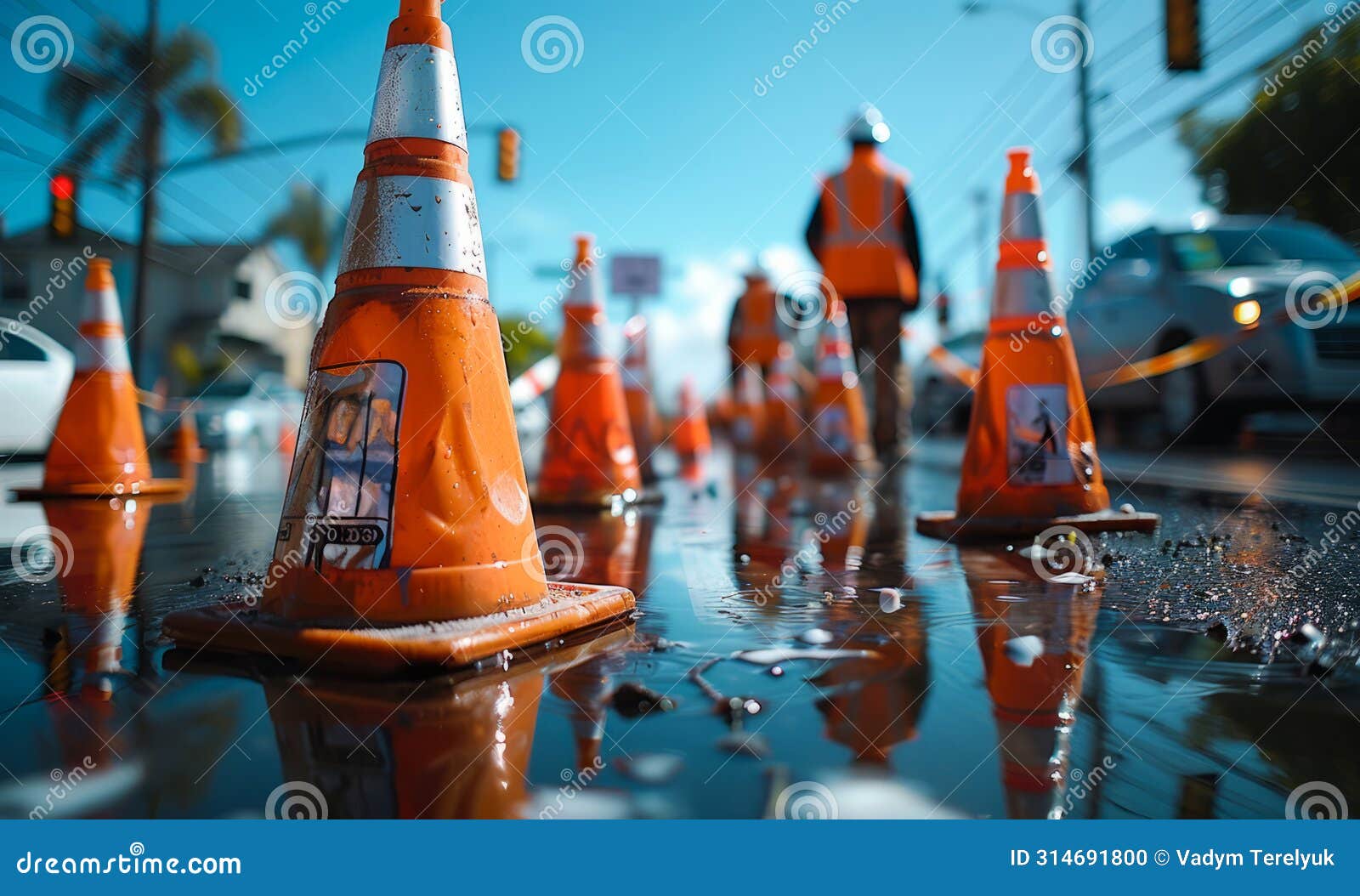 Orange Cones and Workers on Road. Featuring Construction Workers ...