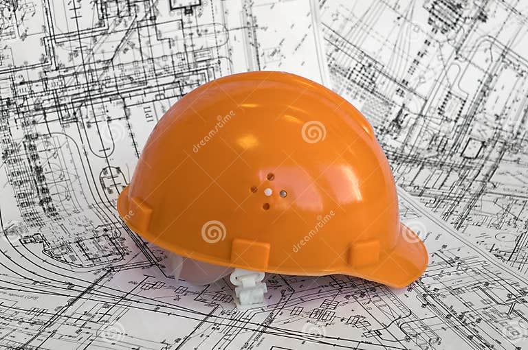 Orange Constructional Helmet and Project Drawings. Stock Photo - Image ...