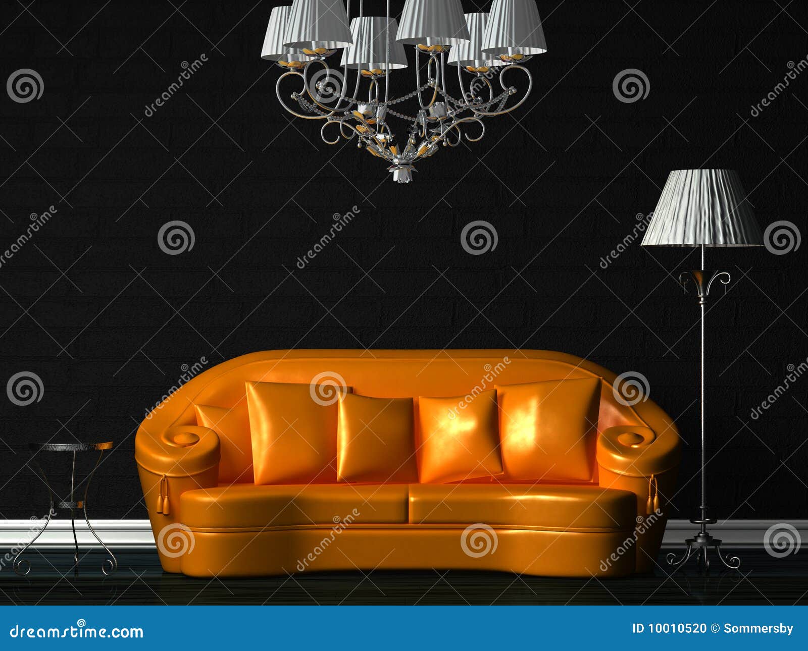 Orange Couch, Table, Chandelier and Standard Lamp Stock Illustration ...