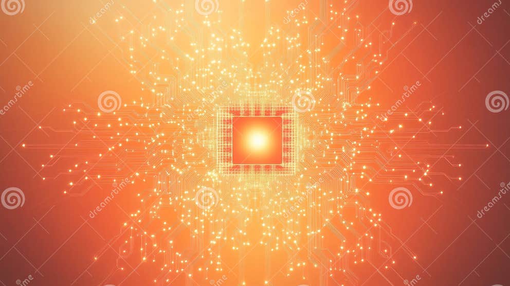 Orange Cpu is Processing Data with Connections and Bright Core Stock ...