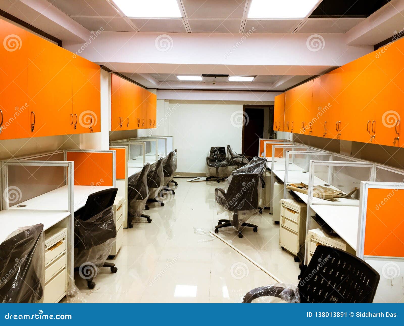 Orange Cupboards in an Office Stock Image - Image of computers, tables ...