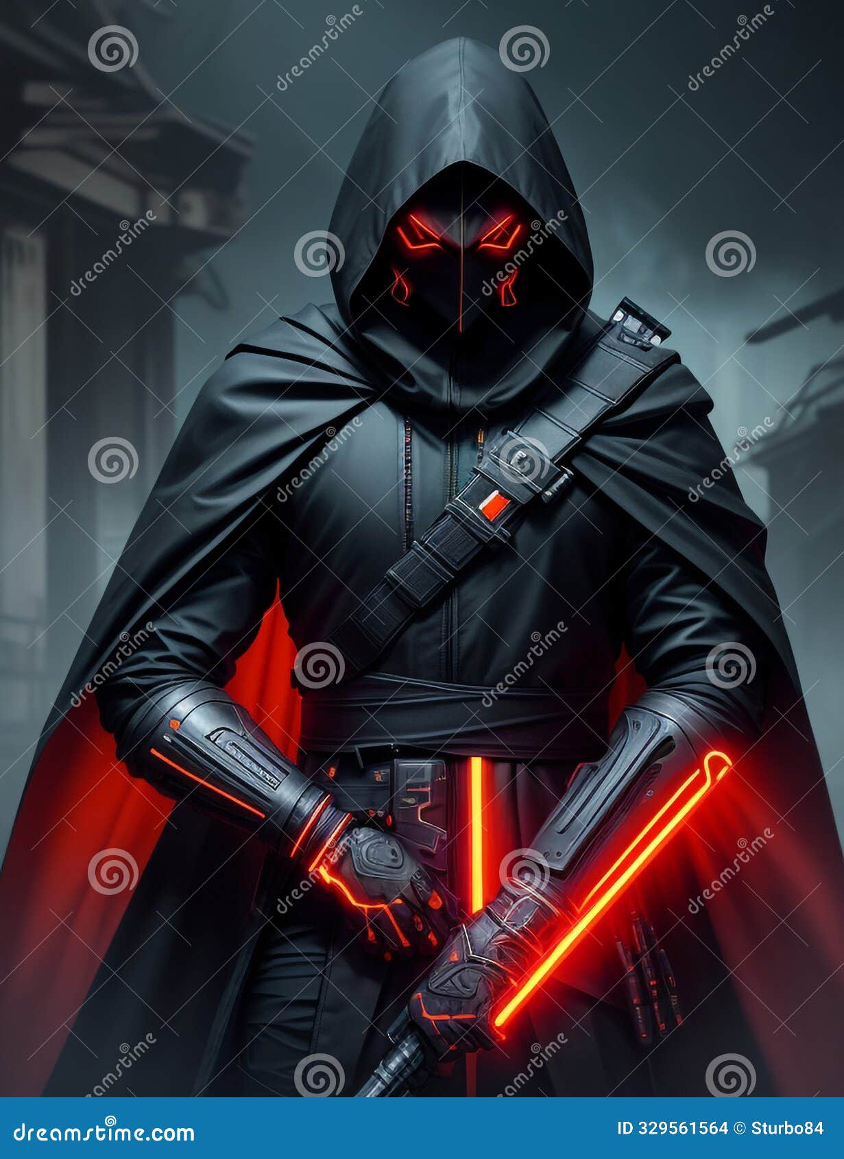 Dark Assassin With Red Glowing Eyes In Hood With Sharp Blades In The ...