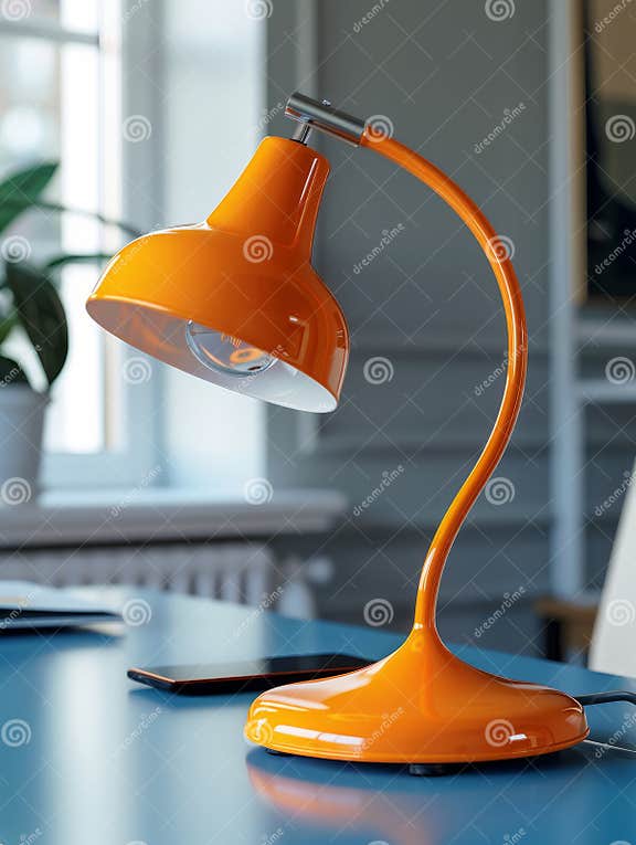 Orange Desk Lamp on Blue Surface in a Modern Home Office. Stock Image ...