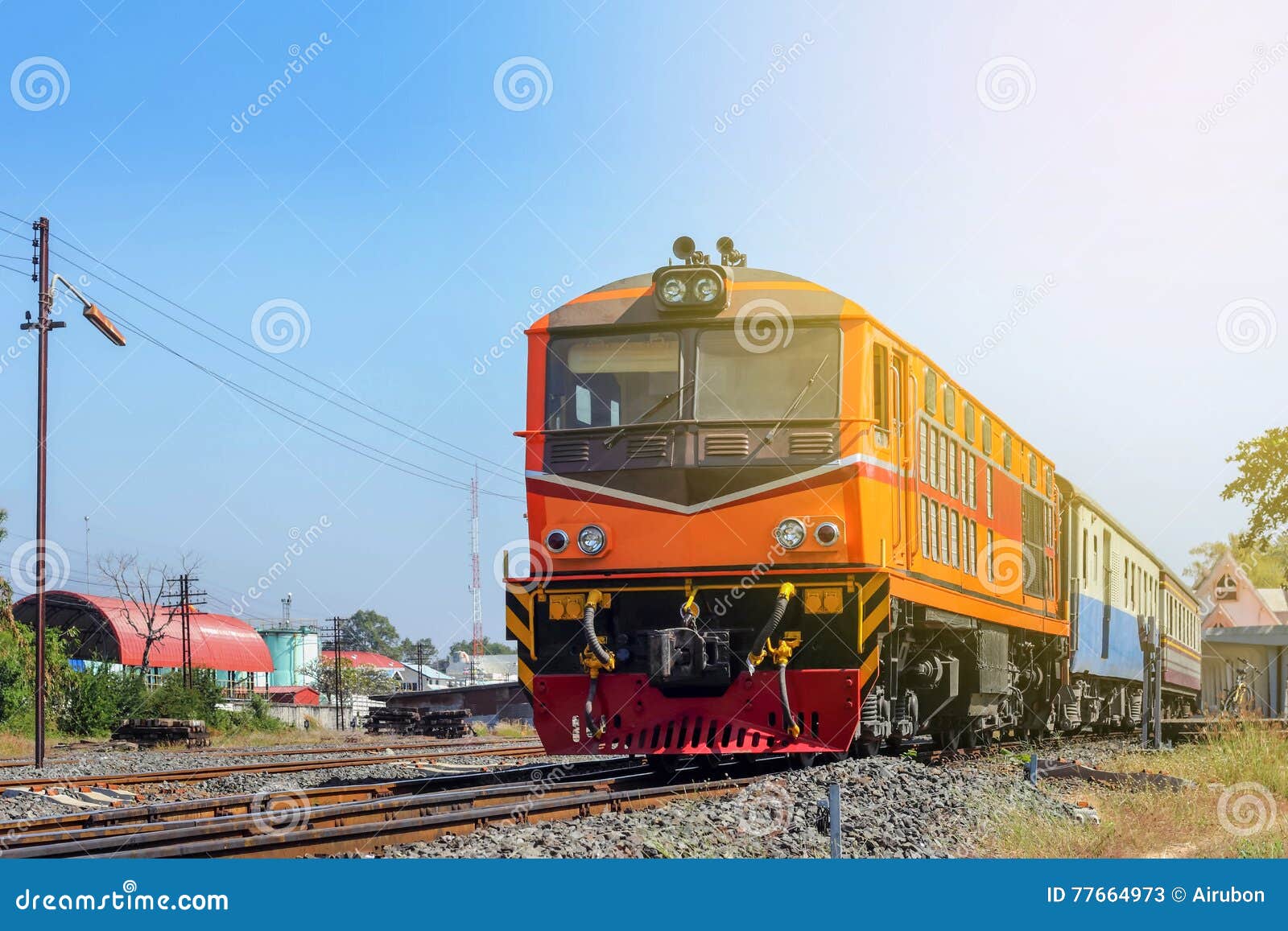 Orange Diesel Engine Locomotive Train Stock Image - Image of cargo ...