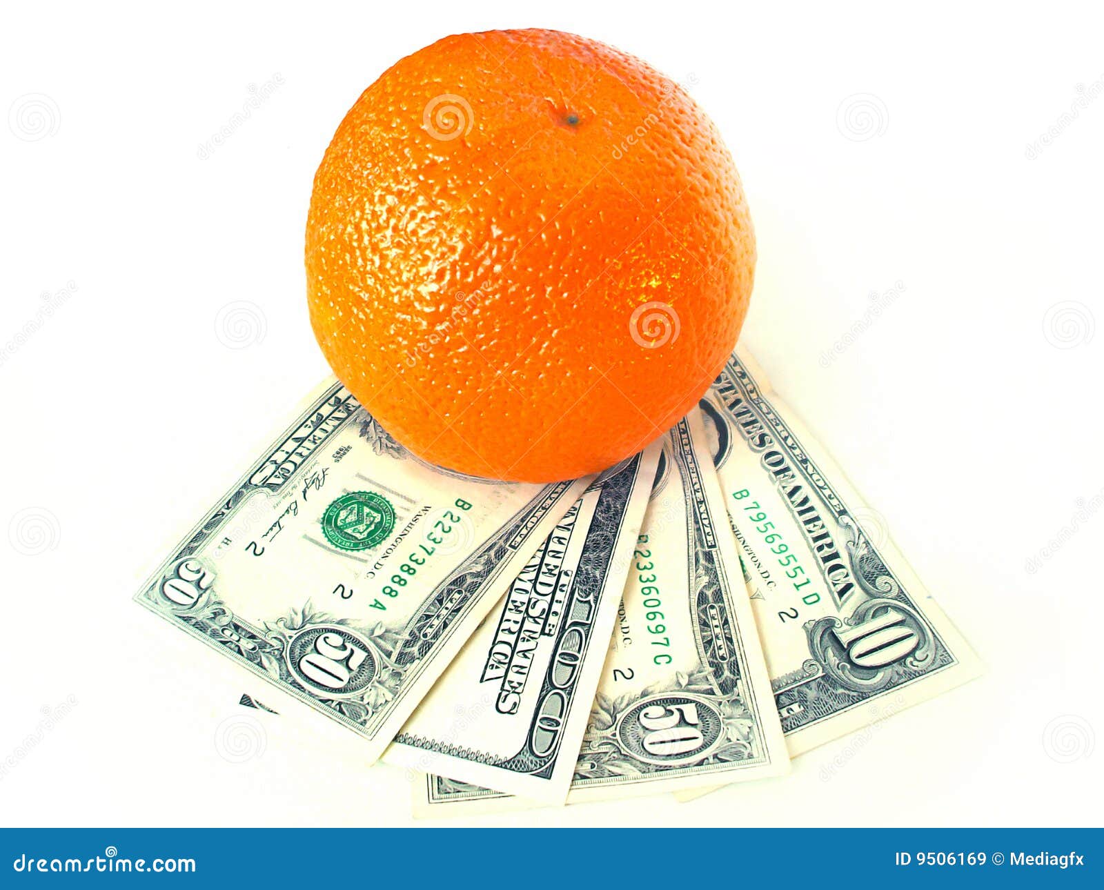 Orange on the dollars stock image. Image of sell, isolate - 9506169