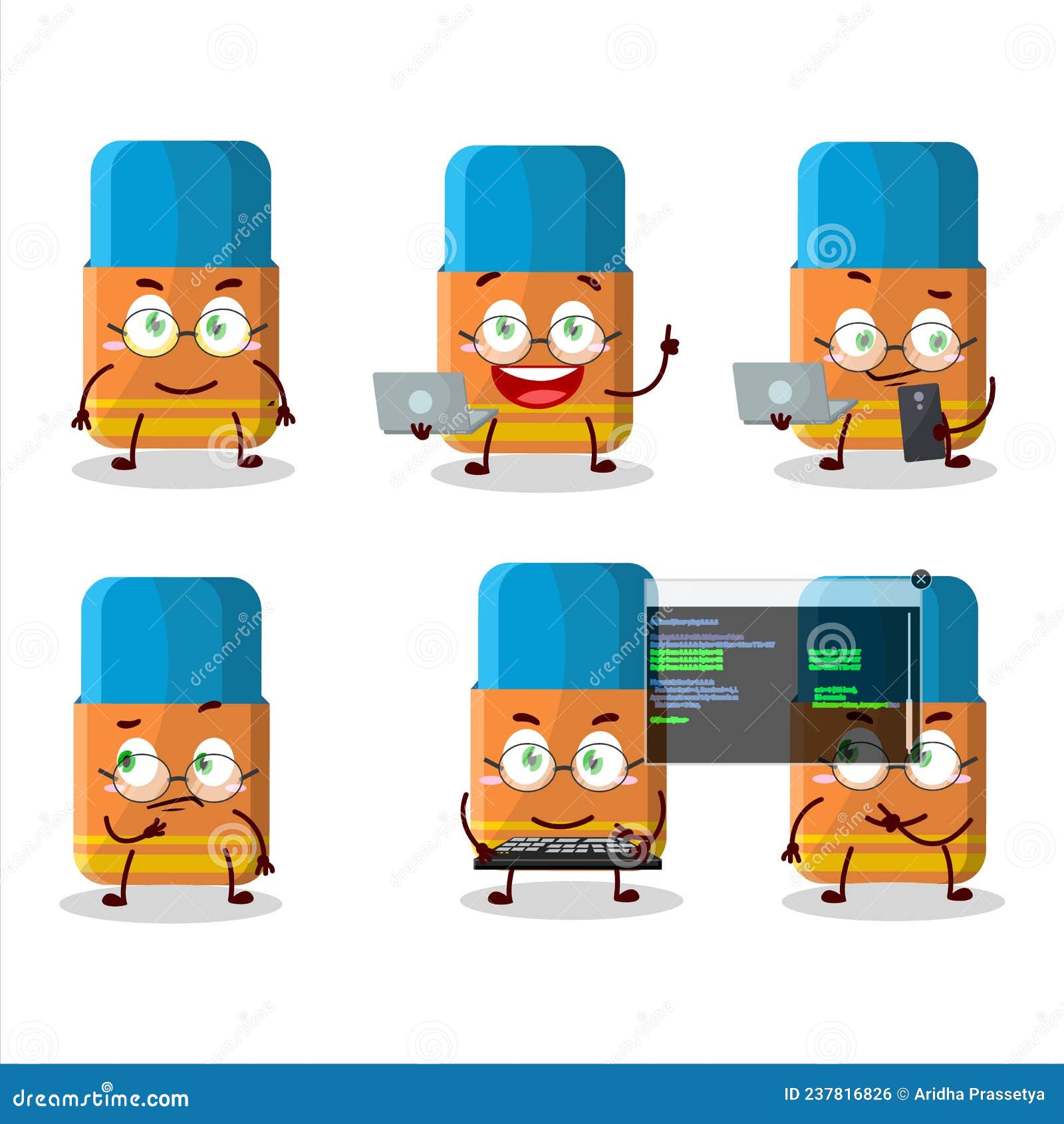 Orange Eraser Programmer Cute Cartoon Character with Stock Vector ...