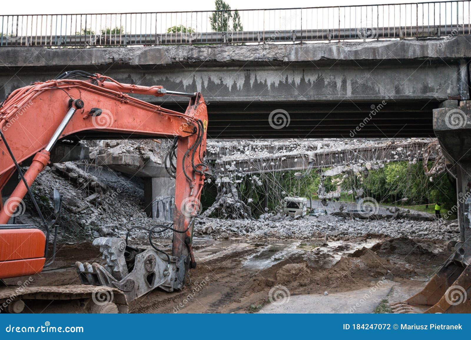 Orange Excavator Digger Demolishing Bridge Stock Photo - Image of ...