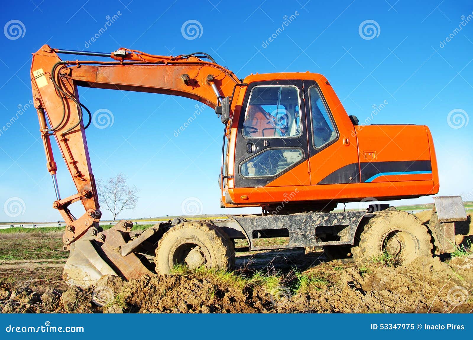 Orange Excavator on a Platform Stock Image - Image of ground ...