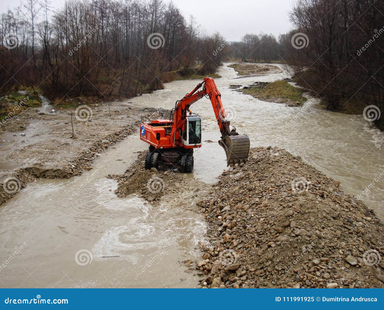 Excavator on river stock image. Image of excavation - 111991925