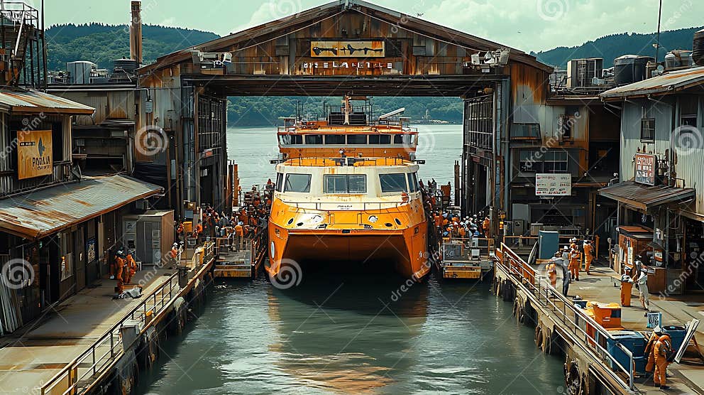 An Orange Ferry Boat Docked at a Pier with People Loading and Unloading ...