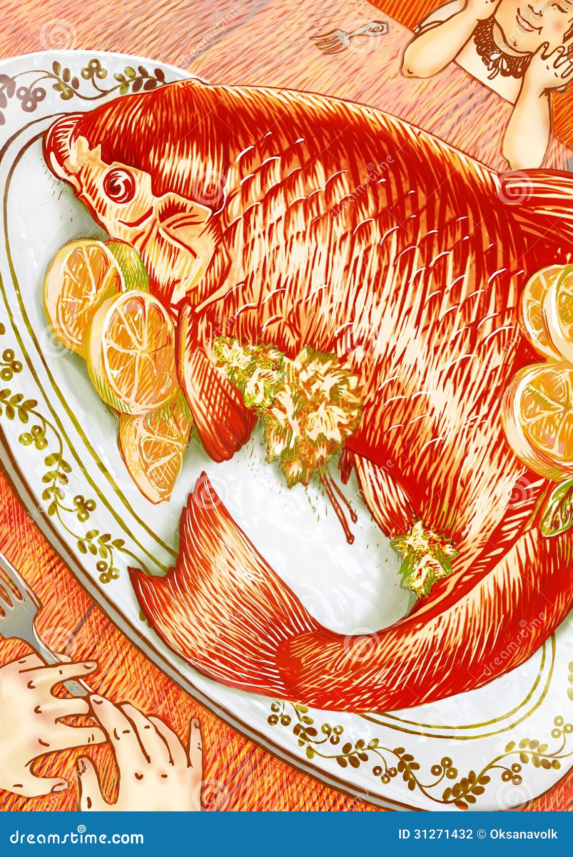Orange Fish Dinner for Two Illustration Stock Illustration ...