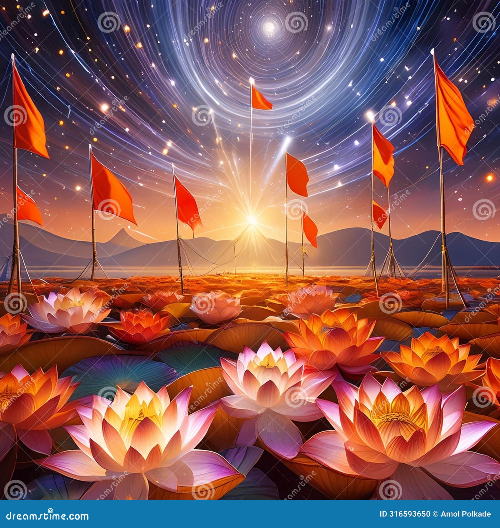 Orange Flags and Red Lotus Universe Stock Illustration - Illustration ...